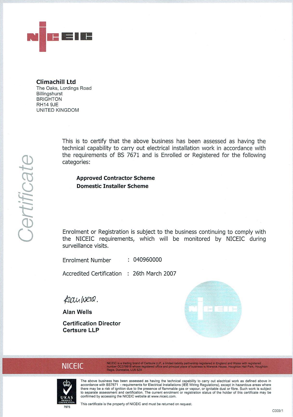Climachill Accreditations